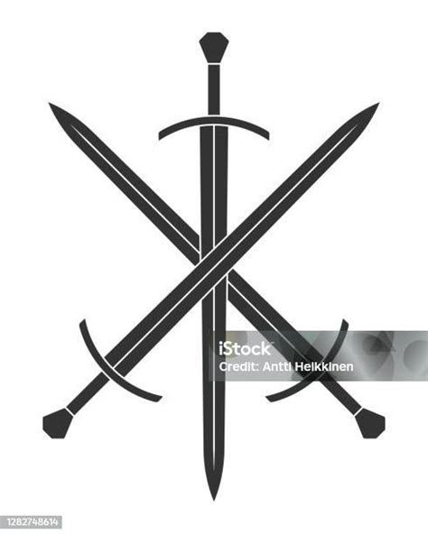 검 벡터 그림 아이콘입니다 교차 된 칼 군사 또는 전령 기호 보호 및 보안 표지판 중세 기사 무기 판타지 롱소드 펜싱 로고 클립 아트 실루엣 강철에 대한 스톡 벡터 아트 및