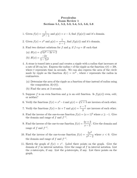 Exam 1 Review Precalc Precalculus Exam Review 1 Sections 5 5 5 5 5 5 5 Givenf X 1 X