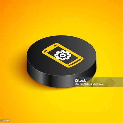 노란색 배경에 격리 된 스마트 폰 아이콘에 등색 라인 설정 모바일 및 기어 조정 서비스 설정 유지 보수 수리 고정 검은 색 원 버튼 벡터 3차원 형태에 대한 스톡 벡터 아트