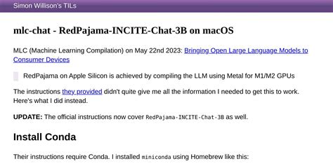 Mlc Chat RedPajama INCITE Chat 3B On MacOS Simon Willisons TILs