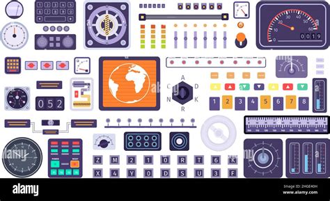 Control Panel Elements Spaceship Switches Buttons Dials And Screens Flat Retro Spacecraft