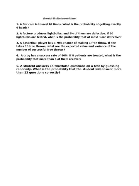 Binomial Distribution Worksheet Pdf