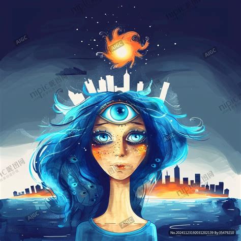 ai创作图都市女孩插画 宇宙女孩插画 蓝色系女孩手绘 水瓶星座插画 梦幻人物创意插画 海姑娘插画 数字肖像插画 梦幻女孩插画 插画梦幻女孩