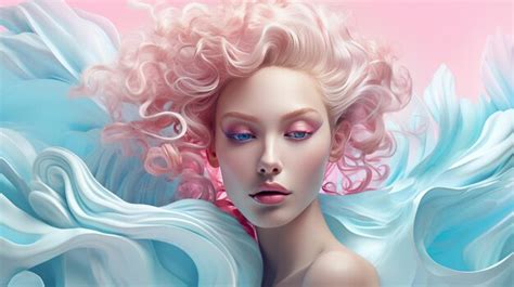 Premium Photo Beautiful Woman With Soft Pink Hair On Blue Background