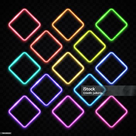 다채로운 사각형 네온 프레임 세트 투명 한 배경에 격리 된 밝은 네온 조명 빈티지 전기 마름모 간판 전기 사각형 테두리입니다 웹