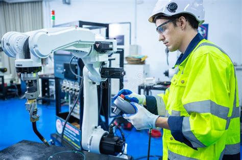 Technician Engineer Using Remote Control Automation Robotics At Industrial Modern Lab Factory