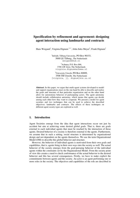 Pdf Specification By Refinement And Agreement Designing Agent Interaction Using Landmarks And