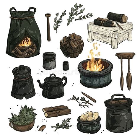 Handdrawn Illustration Of Medieval Campfire Cooking Utensils And