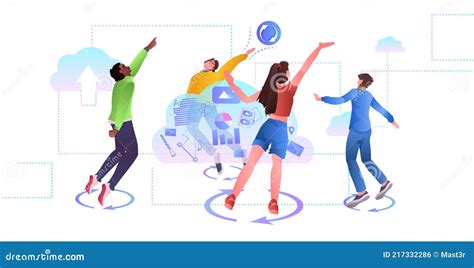 Mix Race People Having Fun Online Social Media Network Cloud Syncing