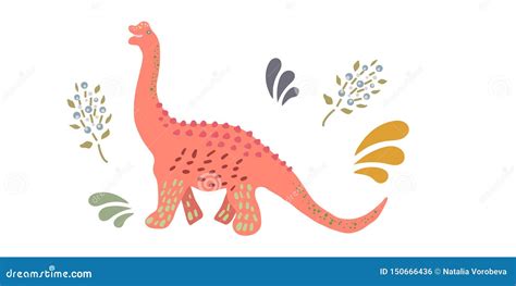 Pink Brachiosaurus Cute Dinosaur Illustration Stock Illustration