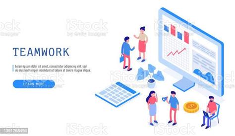 팀웍 개념 사람들은 프로젝트에서 함께 일합니다 아이소메트릭 벡터 웹 배너 3d 스캔에 대한 스톡 벡터 아트 및 기타 이미지