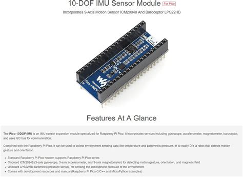 Waveshare 10 Dof Imu Sensor Module For Raspberry Pi Pico Incorporates 9