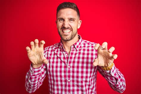 고양이 공격적인 표현으로 발톱 제스처를하고 재미 웃고 빨간 고립 된 배경을 통해 젊은 잘 생긴 남자 갈고리 발톱에 대한 스톡