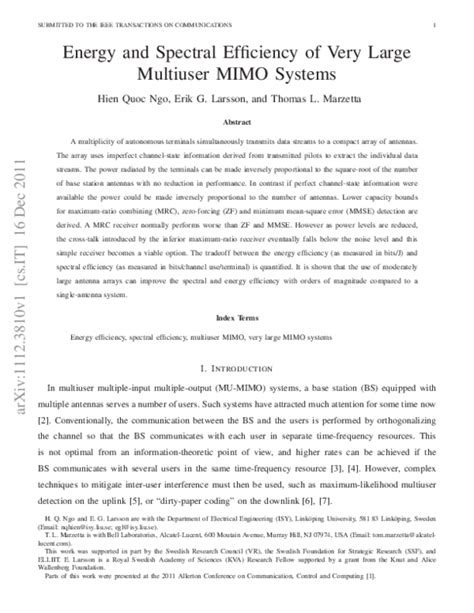 Pdf Energy And Spectral Efficiency Of Very Large Multiuser Mimo Systems