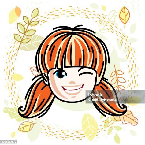 벡터 일러스트 레이 션 아름 다운 빨간 머리 행복 한 여자의 얼굴 긍정적인 얼굴 특징 윙크 하는 십 대 가 테마 클립 아트입니다 가을에 대한 스톡 벡터 아트 및 기타 이미지