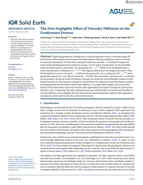 Pdf The Non‐negligible Effect Of Viscosity Diffusion On The Geodynamo Process