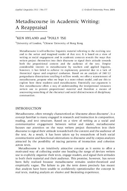 Pdf Metadiscourse In Academic Writing A Reappraisal 1
