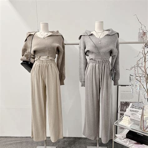 이프유마인 3pc 나시니트팬츠set꾸안꾸룩 봄 스머지 크롭 후드 니트 맨투맨 기모 나시 밴딩 와이드 팬츠 투피스 트레이닝 세트 3color