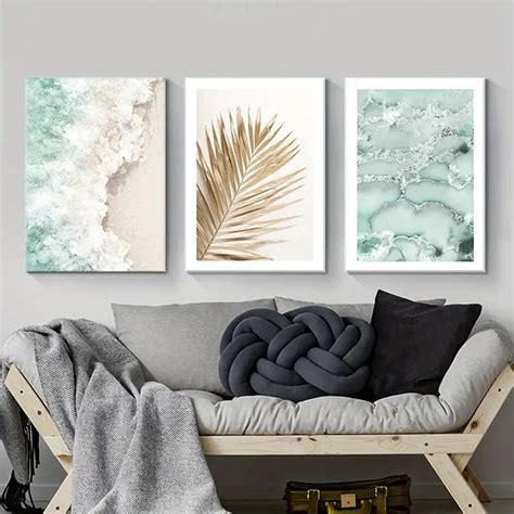 3pcsset 나무 액자 캔버스 포스터 모래 파도 캔버스 벽 예술 생생한 금색 야자수 포스터 추상 녹색 대 Temu