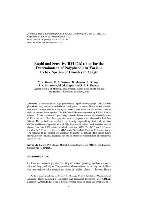 Pdf Rapid And Sensitive Hplc Method For The Determination Of Polyphenols In Various Lichen