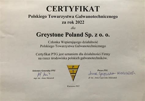 Certificate Of The Polish Electroplating Society