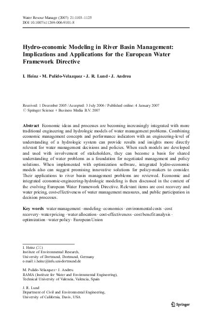 Pdf Hydro Economic Modeling In River Basin Management Implications