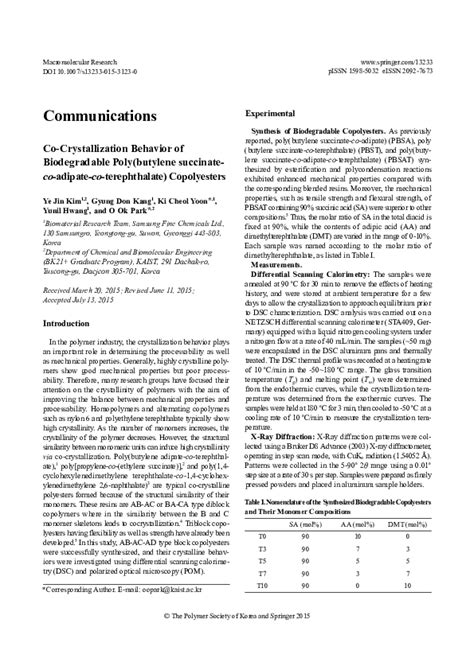 Pdf Co Crystallization Behavior Of Biodegradable Polybutylene Succinateco Adipate Co