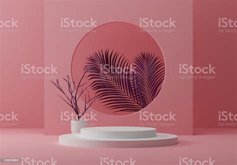 최소한의 분홍색 배경과 흰색 받침대 연단 모형이 있는 자연스러운 잎과 가지 제품 진열장 및 프레젠테이션을 위한 빈 플랫폼 3d 렌더링 0명에 대한 스톡 사진 및 기타 이미지