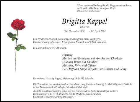 Traueranzeigen Von Brigitta Kappel Trauer In Nrwde