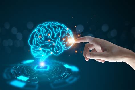 인간의 손은 가상 두뇌 데이터 네트워크 컴퓨터 Cpu 배경에 연결됩니다 스마트 Ai 기계 학습 챗봇 개념 기술 인공 지능 과학