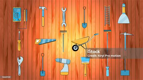 건설 배관 정원 수리 및 나무 배경에 도구 아이콘의 큰 세트 삽 톱 해머 브러시를 걸 레 갈 퀴 트롤리 흙 손 스크루 드라이버 곡 괭이 사다리에 벡터 0명에 대한 스톡 벡터