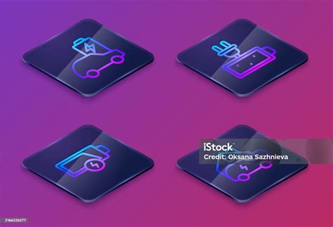 아이소 메트릭 라인 전기 자동차 배터리 부족 배터리 충전 및 홈 충전을 설정합니다 파란색 사각형 버튼입니다 벡터 3차원 형태에