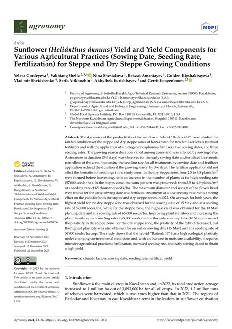 Pdf Sunflower Heliánthus ánnuus Yield And Yield Components For Various Agricultural