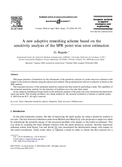 Pdf A New Adaptive Remeshing Scheme Based On The Sensitivity Analysis Of The Spr Point Wise