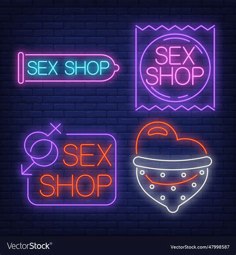 Sex Shop Neon Signs Set With Condoms Royalty Free Vector