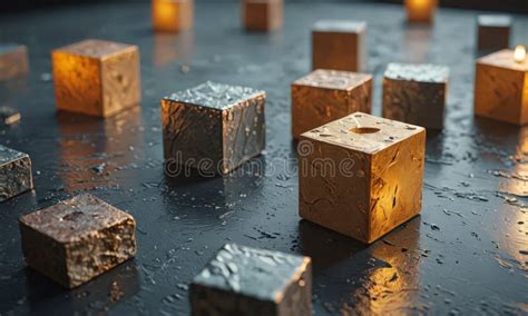 Collection Metallic Cubes Varying In Size And Shape Are Arranged On Reflective Surface With