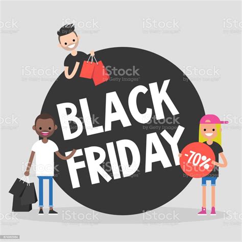 검은 금요일 연간 그랜드 세일 이벤트입니다 큰 할인 것 들을 구입 하는 젊은 캐릭터 검은 금요일 기호 고객 포위 생활양식입니다 평면 벡터 일러스트 클립 아트입니다 스티커 Z