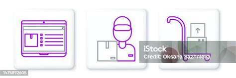 라인 핸드 트럭과 상자 앱 배달 추적 및 배달원 골판지 아이콘이 있는 노트북을 설정합니다 벡터 0명에 대한 스톡 벡터 아트 및 기타 이미지 Istock