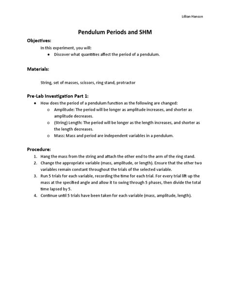 Phys Lab 14 Pendulum Periods And Shm Pdf Mass Pendulum