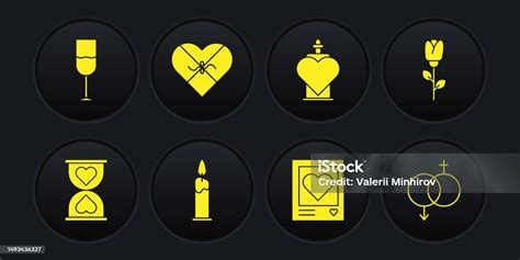 중앙 모래 시계 꽃 장미 불타는 촛불 사진 프레임 하트 사랑의 묘약이 든 병 사탕 모양의 상자 성별 및 와인 아이콘에 하트를 설정하십시오 벡터 0명에 대한 스톡 벡터 아트