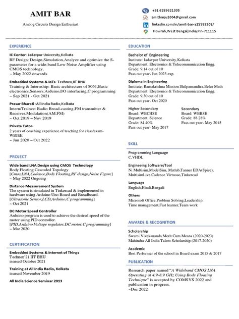 Amit Bar Analog Resume Updated Jan2023 Pdf Electronics Electronic