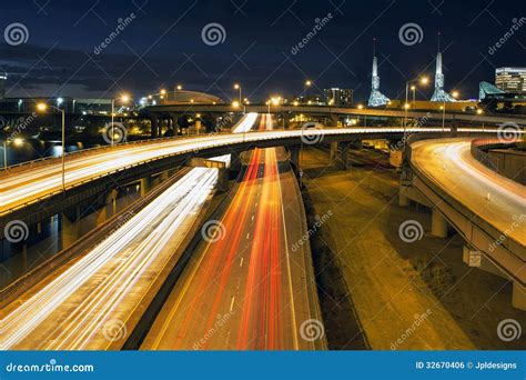 Interstate Freeway Light Trails Through Portland At Blue Hour Stock
