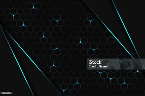 기술 어두운 육각형 배경 삼각형 모양과 선이 있는 다크 테크 모던 미래 지향적 배경 일러스트로 육각형 아래에서 푸른 밝은 에너지가 깜박입니다 그레이 메쉬 벌집 질감 0명에