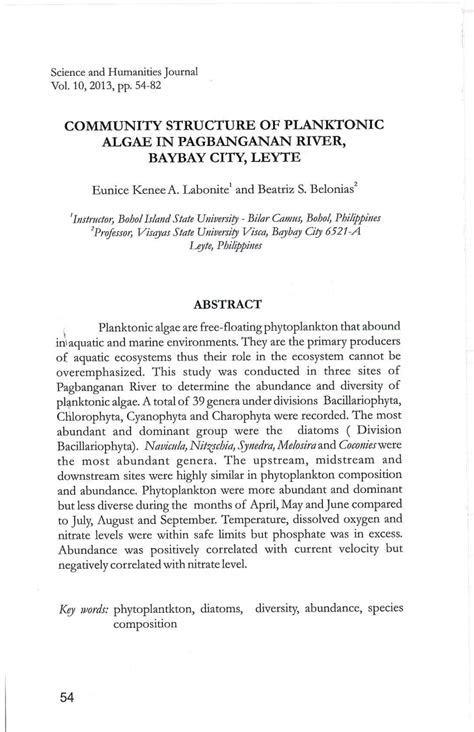 Pdf Community Structure Of Planktonic Algae In Pagbanganan River Baybay City Leyte