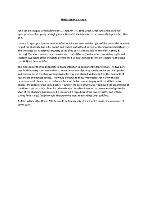 Theft Scenario Q1 Essays Theft Scenario 1 Pg 5 John Can Be Charged With Theft Under S
