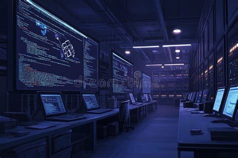 Advanced Technological Workspace With Multiple Computer Screens Displaying Code And Data During