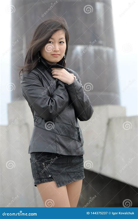 Asian Girl In Black Jacket Stock Image Image Of Leather 144375237
