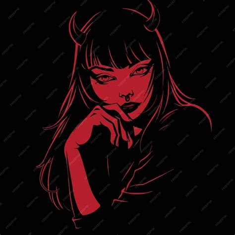 Vector Anime Demon Girl With Horns And Hand On Chin Thinking About