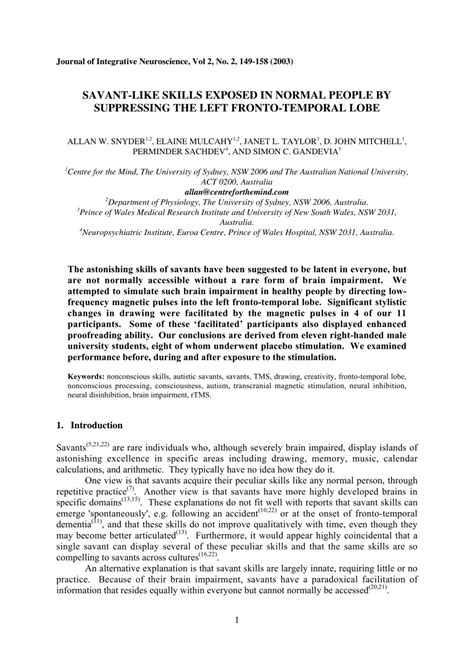 pdf savant like skills exposed in normal people by suppressing the left fronto temporal lobe