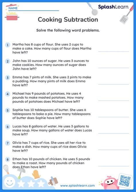 Subtract Within 10 Cooking Word Problems — Printable Math Worksheet